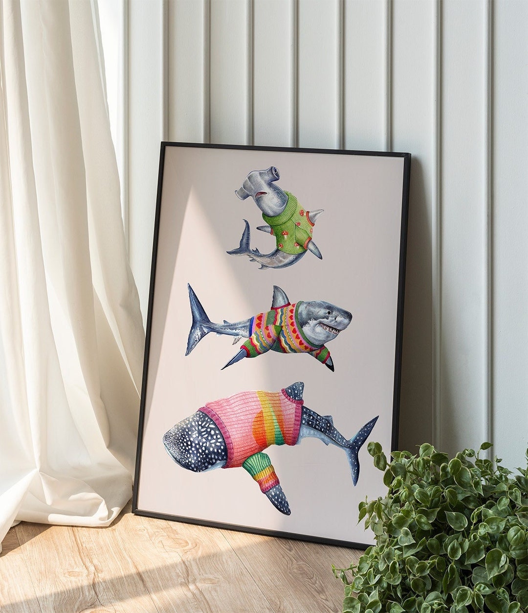 SECONDS Sharks in Jumpers Print, Shark Illustration, Great White Shark ...