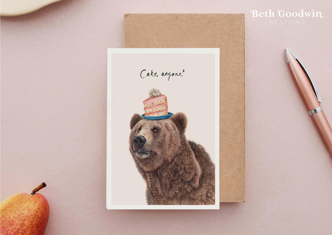 Bear & Cake Birthday Card, Bear Birthday Card, Birthday Card, Sweet ...