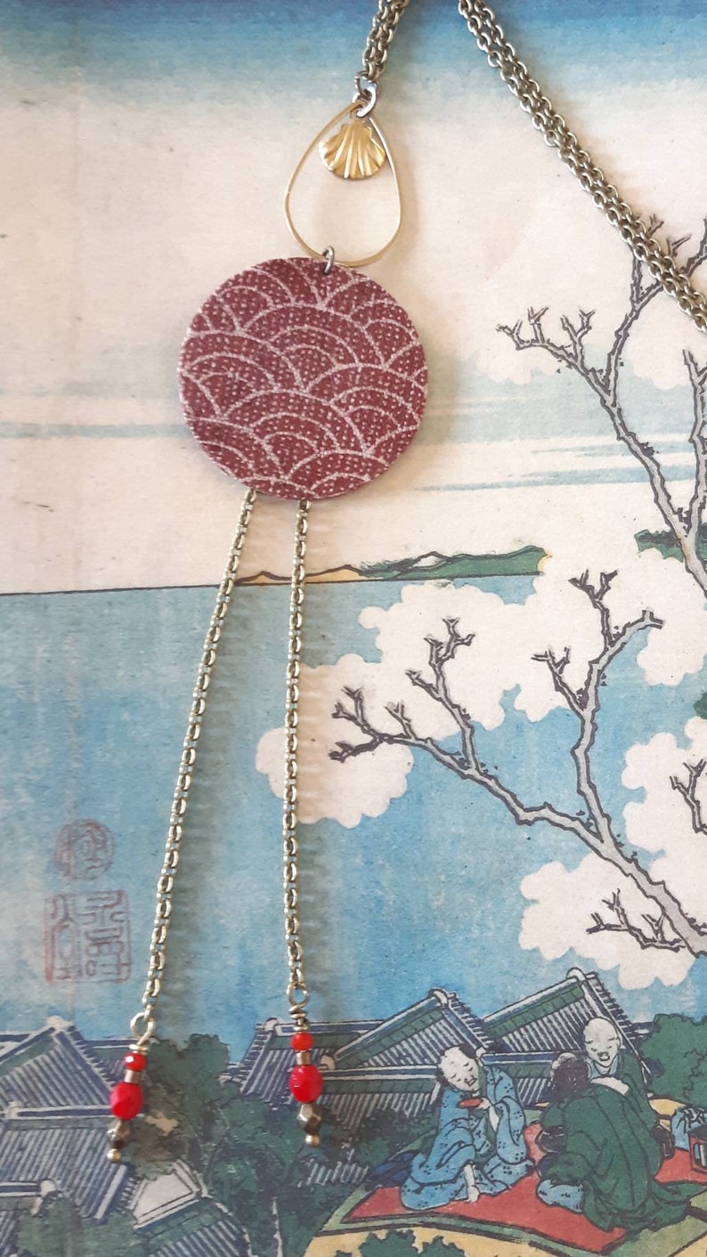 Japanese pendant necklace / traditional blue or red wave | Etsy