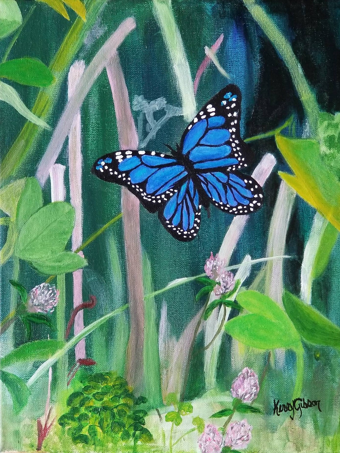 Nature Wall Art Blue Monarch Butterfly Painting Green Clover Field ...