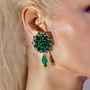 Green Emerald Earthy Stud Earrings Hand Beaded for Women, Statement ...