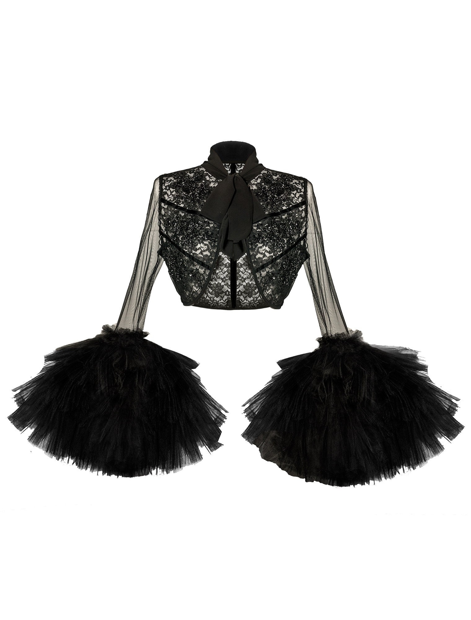 COUTURE Black Large Tulle Sleeves Bolero Jacket Beaded Embroidered Red ...