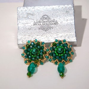 Green Emerald Earthy Stud Earrings Hand Beaded for Women, Statement ...