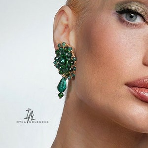 Green Emerald Earthy Stud Earrings Hand Beaded for Women, Statement ...