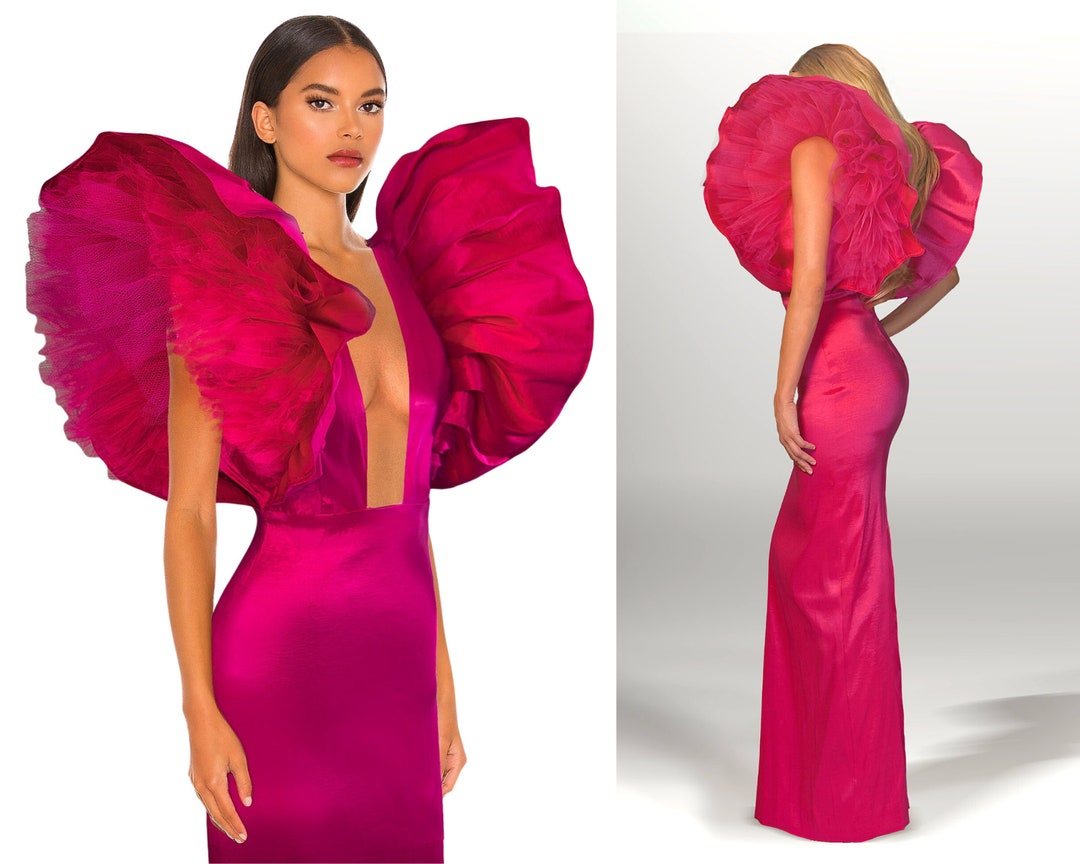 RED CARPET Formal Gown, PROM Hot Pink Gown, Large Sleeves, Maxi ...