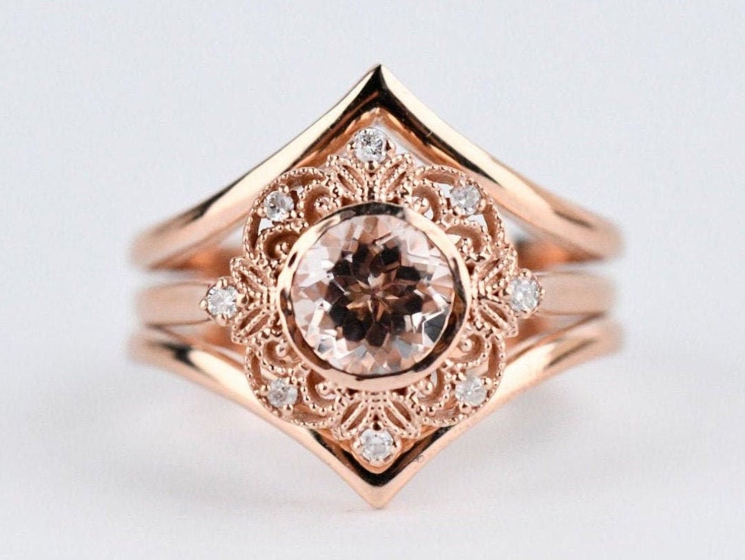Stunning Flower, Magnolia Engagement Ring Set 6mm Round Morganite ...
