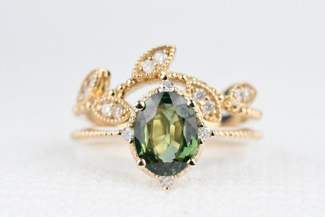 Special Olive Green Oval Sapphire Vintage Engagement Ring , 14k Yellow ...