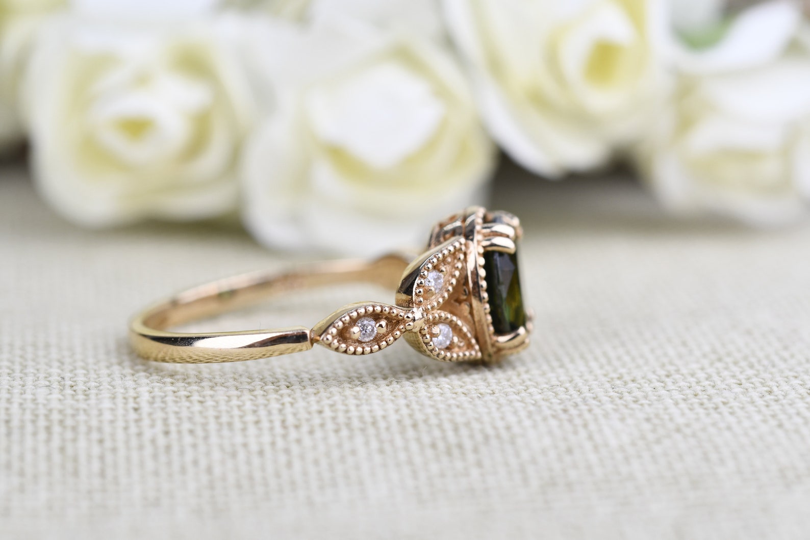 Olive Green Sapphire Floral Engagement Ring. Solid 14k Yellow - Etsy