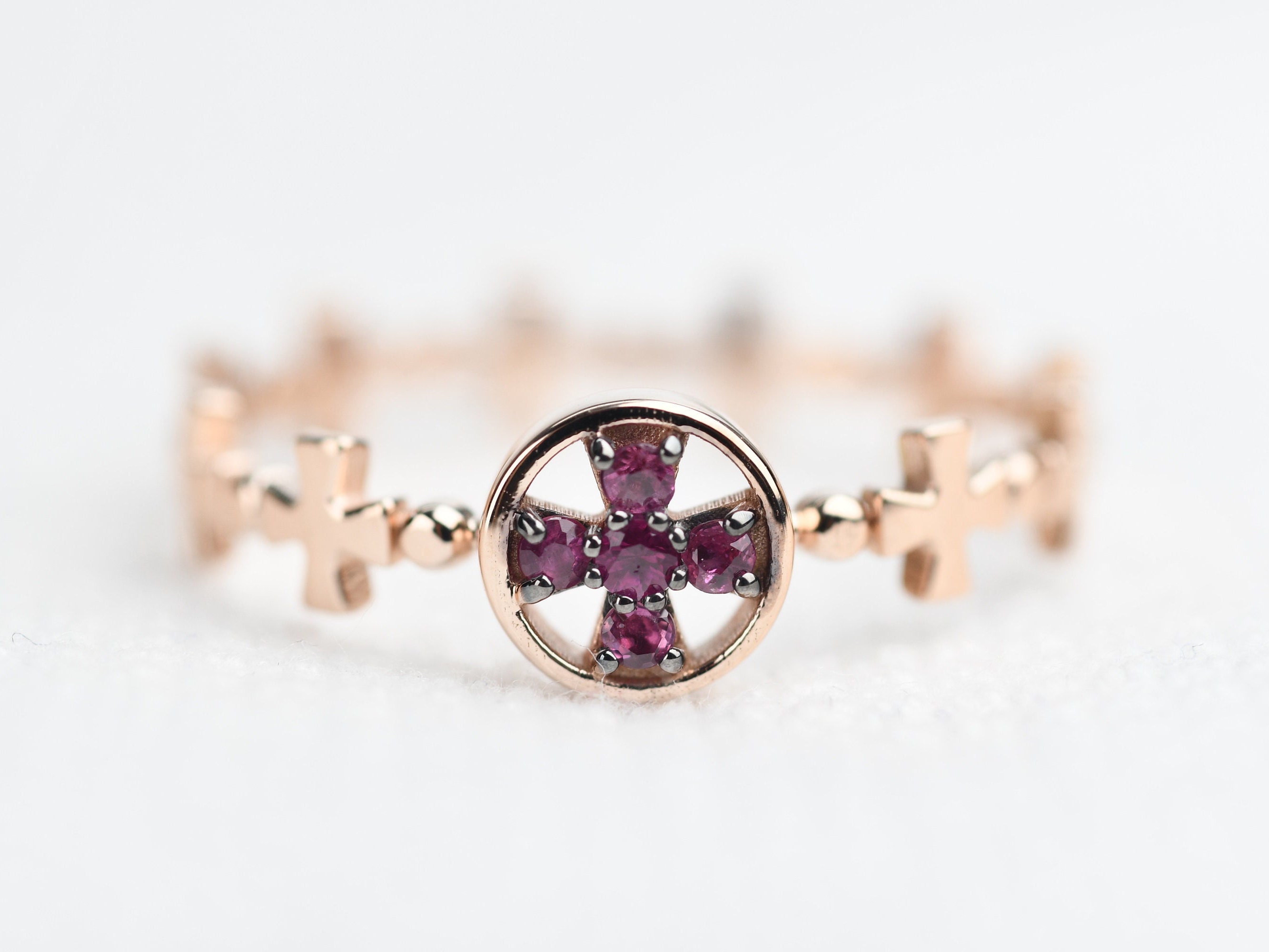 Pink Sapphire Cross 14k Rose Gold Rosary Ring - Etsy