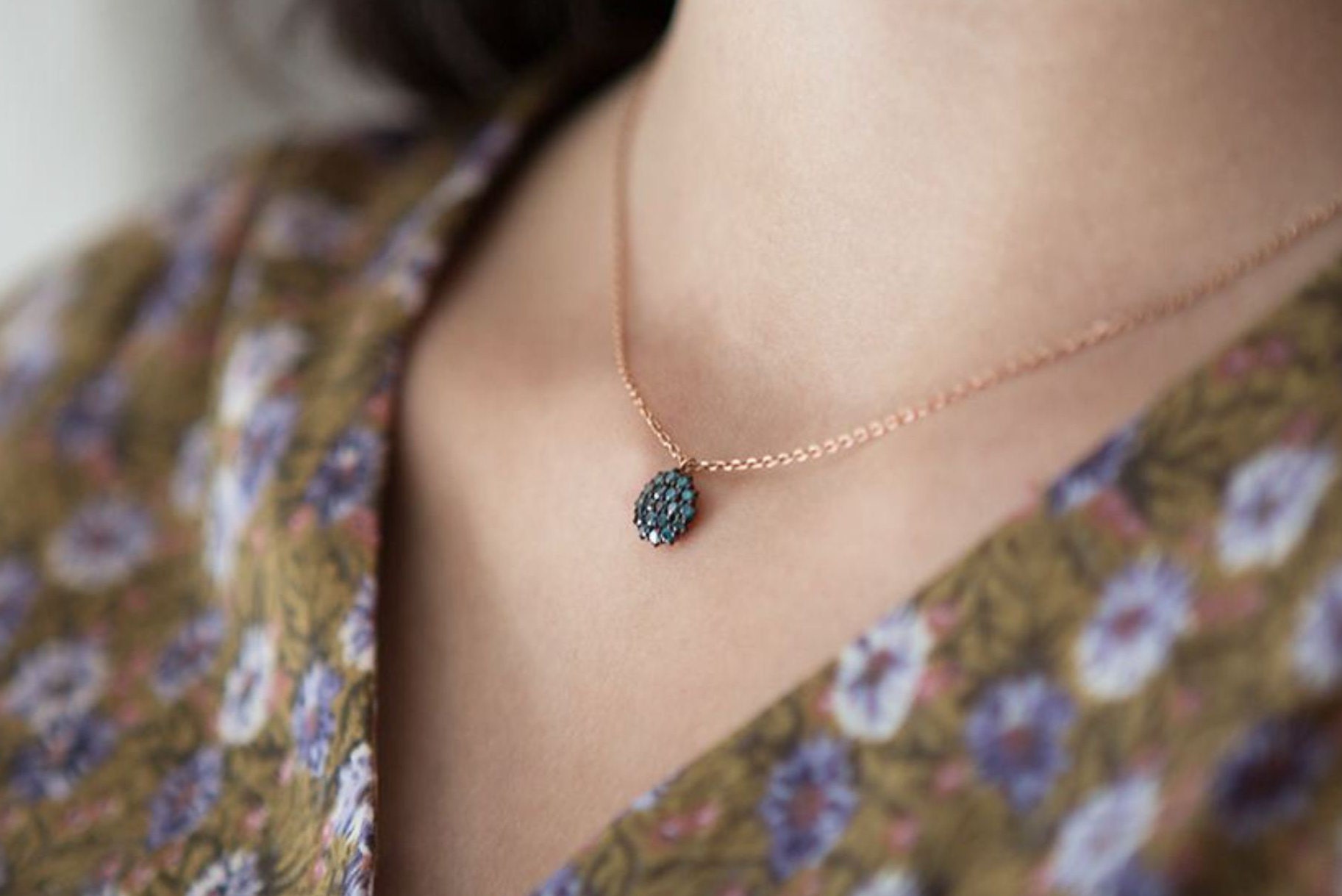 Vintage Style, Blue Berry Necklace 14k Solid Rose Gold Blue Diamond ...