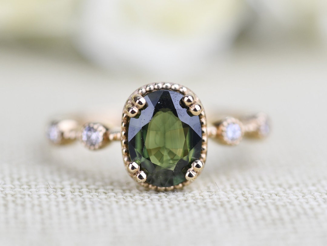 Olive Green Sapphire Vintage Engagement Ring. Solid 14k Yellow Gold ...