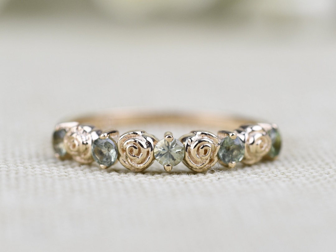 Vintage Rose Bud Ring Green Sapphire Solid 14k Yellow Gold Wedding Band ...