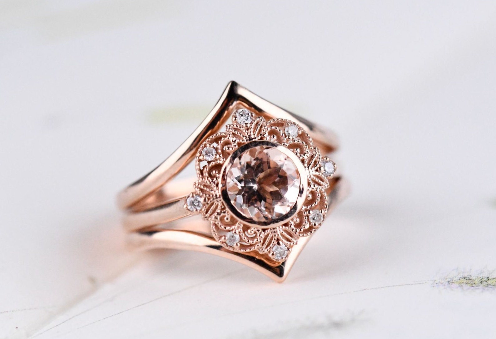 Stunning Flower Magnolia Engagement Ring Set 6mm Round | Etsy