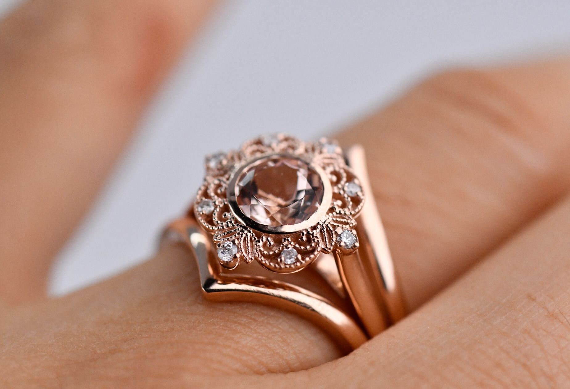 Stunning Flower Magnolia Engagement Ring Set 6mm Round | Etsy