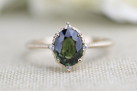 Vintage Olive Green Sapphire Engagement Ring 14K Solid Yellow - Etsy