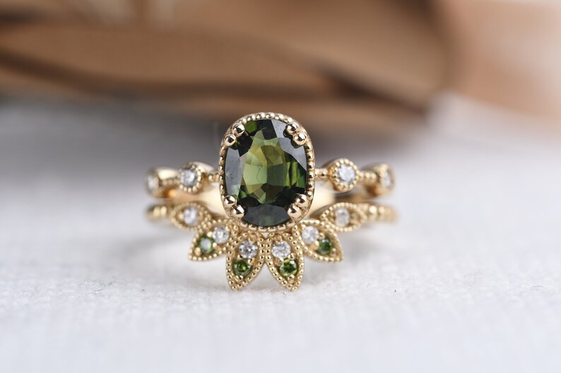 Olive Green Sapphire Vintage Engagement Ring. Solid 14k Yellow | Etsy