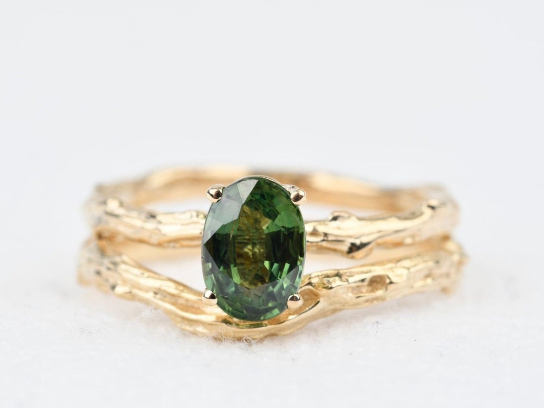 Olive Green Sapphire Ring Tree Textured 14k Rose Gold Engagement Ring ...