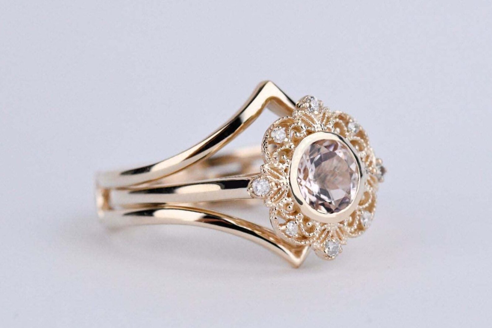 Stunning Flower Magnolia Engagement Ring Set 6mm Round | Etsy