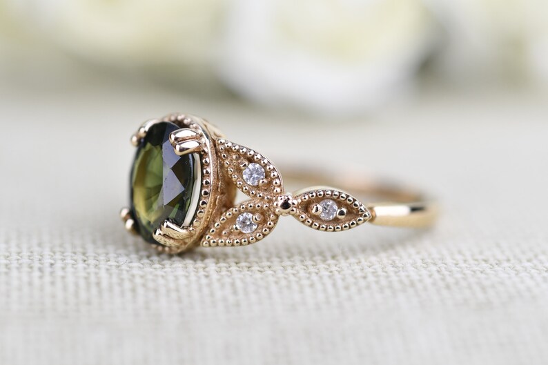 Olive Green Sapphire Floral Engagement Ring. Solid 14k Yellow - Etsy