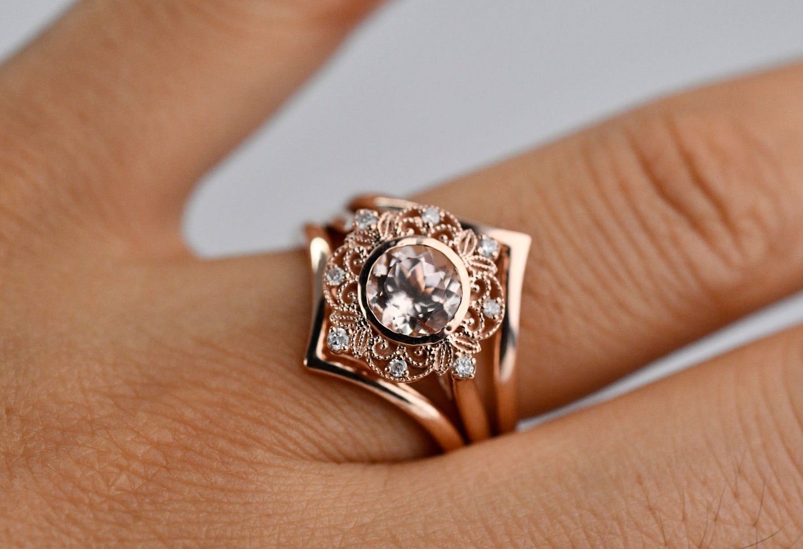 Stunning Flower Magnolia Engagement Ring Set 6mm Round | Etsy