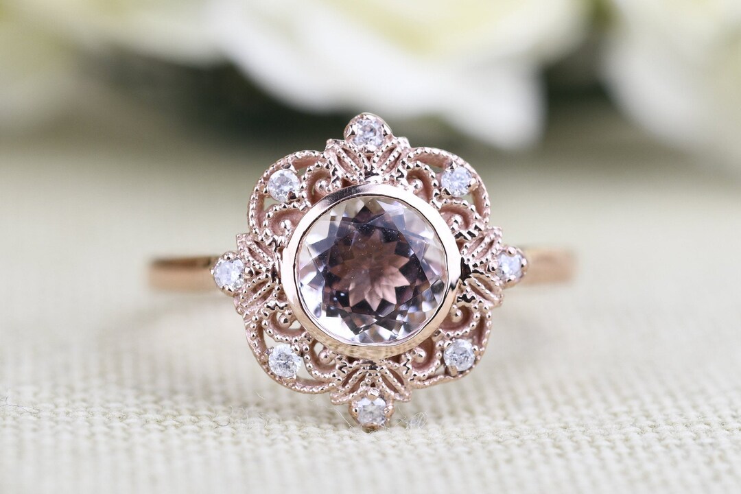 Stunning Floral Engagement Ring Pink Morganite & White Diamond Rose ...