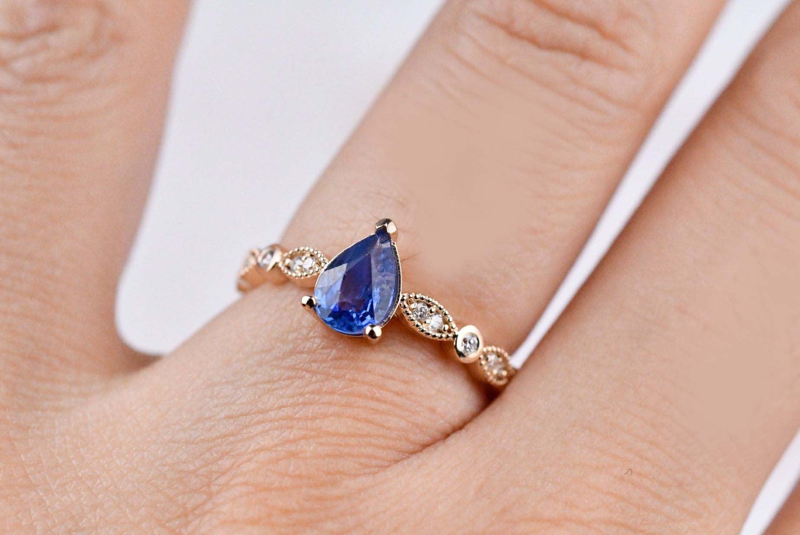 Blue Sapphire Pear Shape Engagement Ring Art Deco Style | Etsy