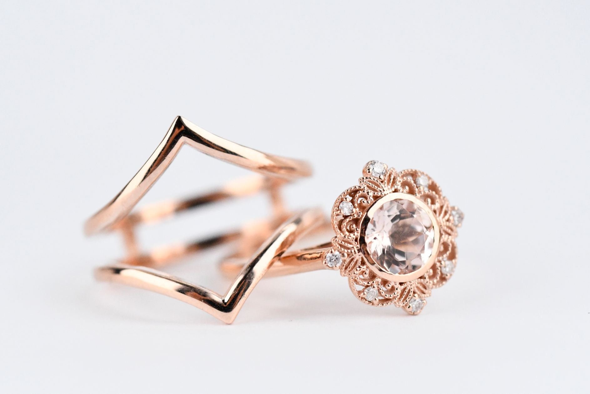 Stunning Flower Magnolia Engagement Ring Set 6mm Round | Etsy