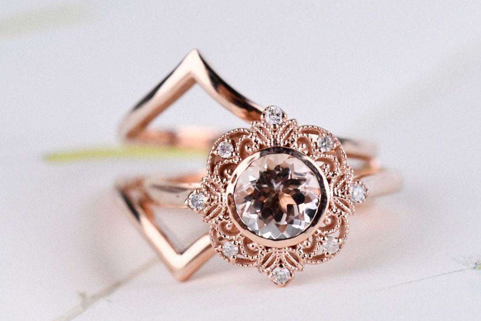 Stunning Flower Magnolia Engagement Ring Set 6mm Round | Etsy