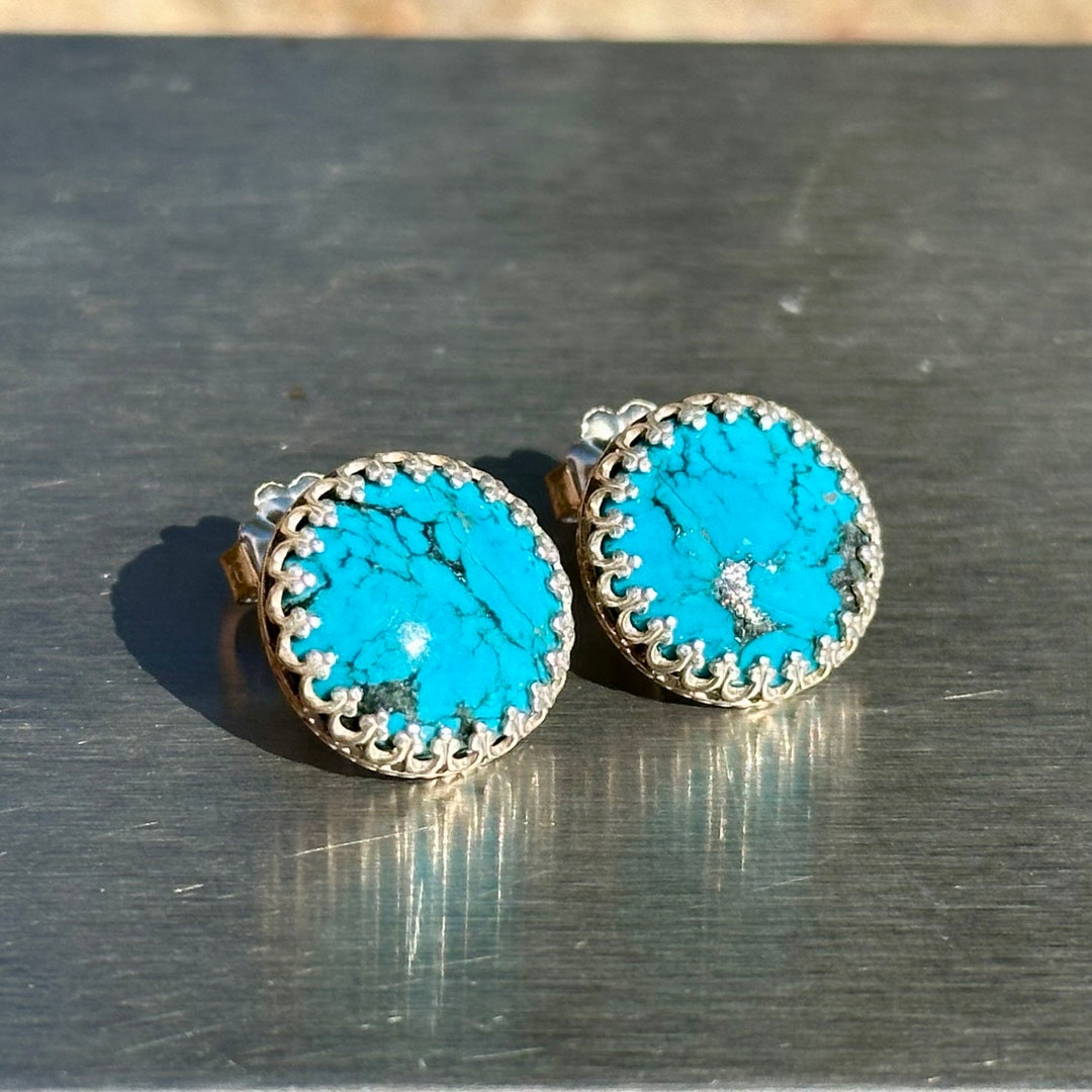 Turquoise Stud Earrings, 14 Mm Kingman Turquoise Earrings, Blue Stone ...