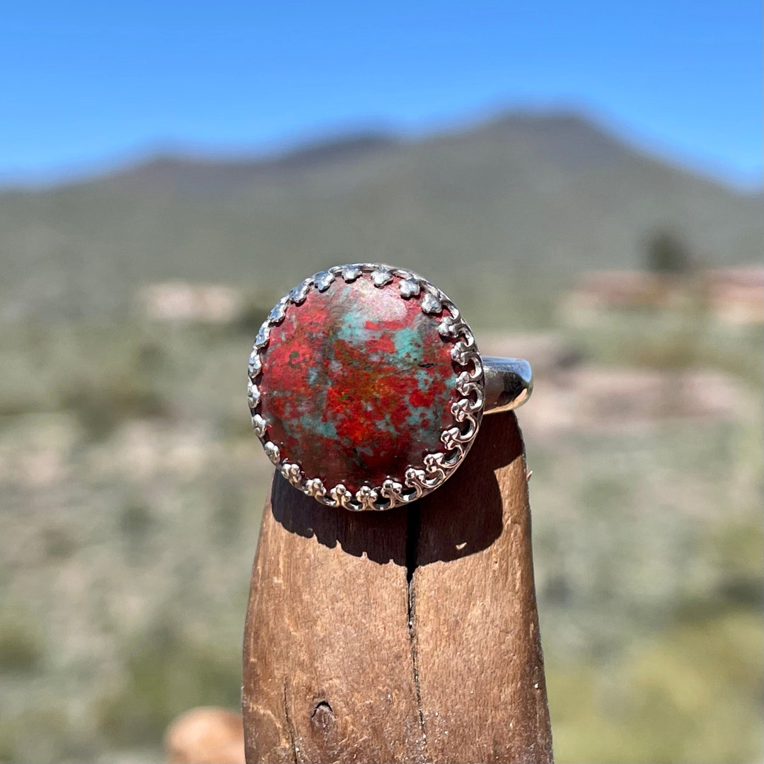 Sonora Sunrise Ring With 16 Mm Green and Red Gemstone, Sterling Silver ...