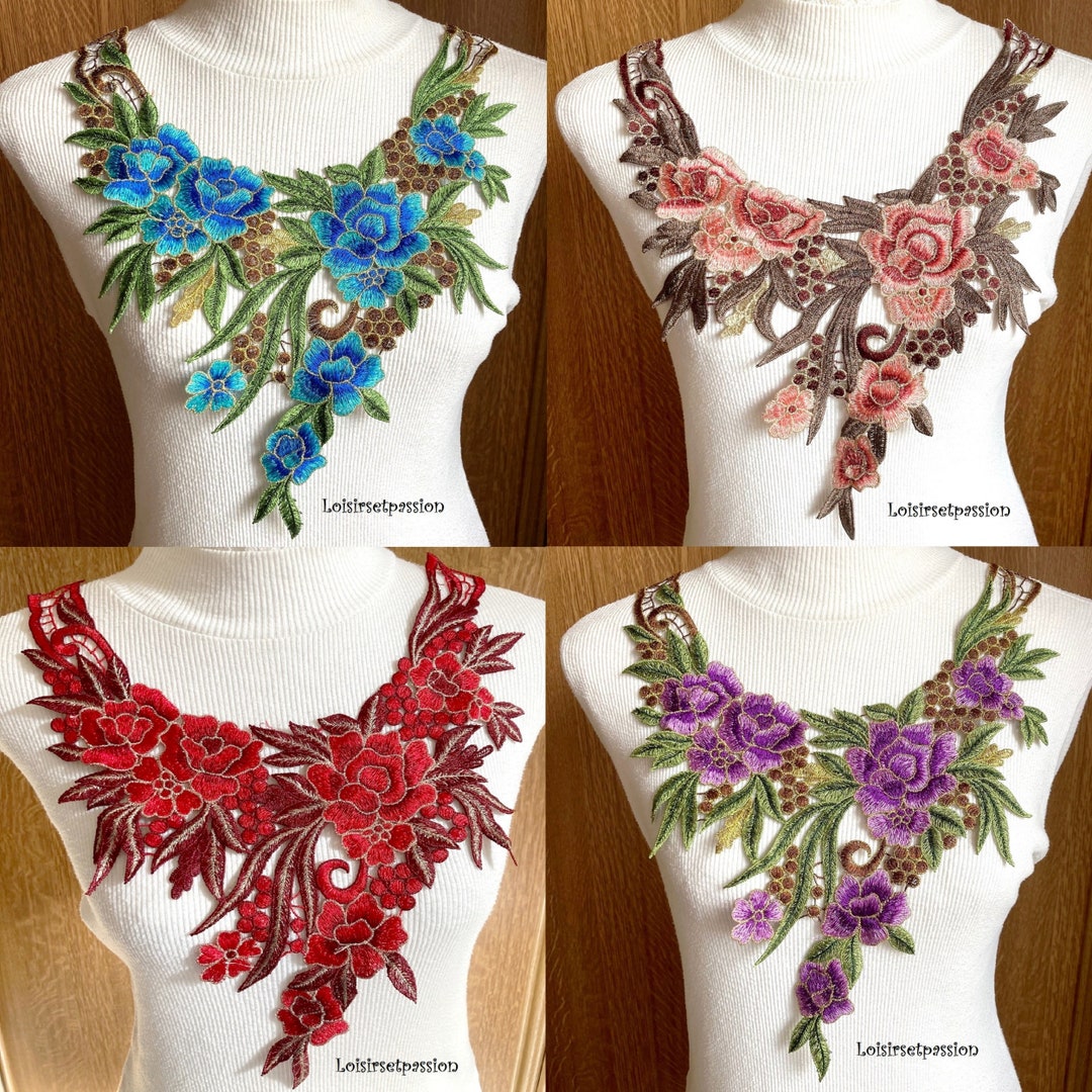 Lace Collar, Plastron, FLOWER and Leaf Embroidered Gold Thread / Red ...