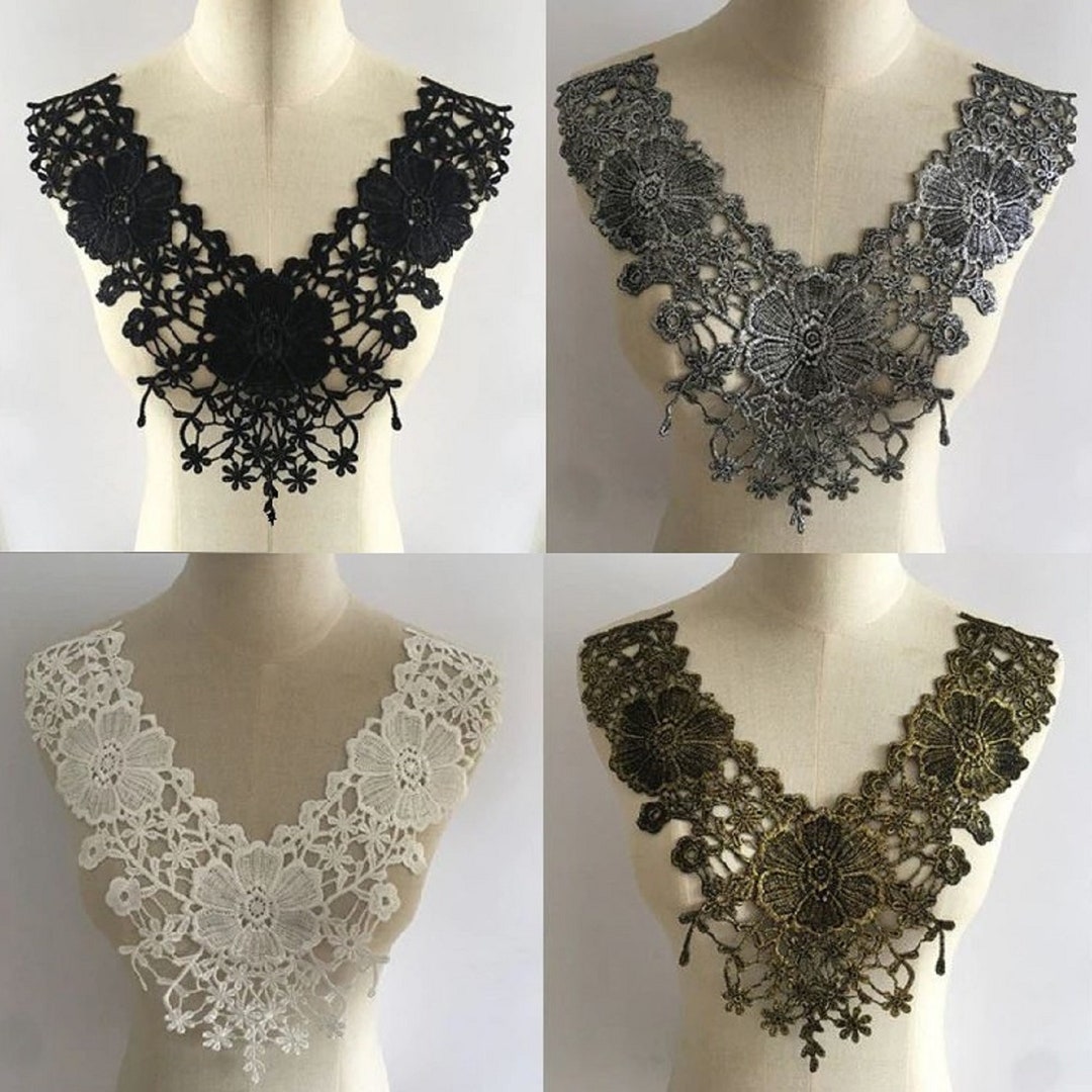 Lace Collar, Embroidered Flower Plastron / White, Black, Silver or Gold ...