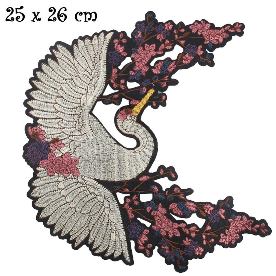Large Patch Applique BIRD CRANE STORK, Cherry Blossoms 25 X 26 Cm Sew ...