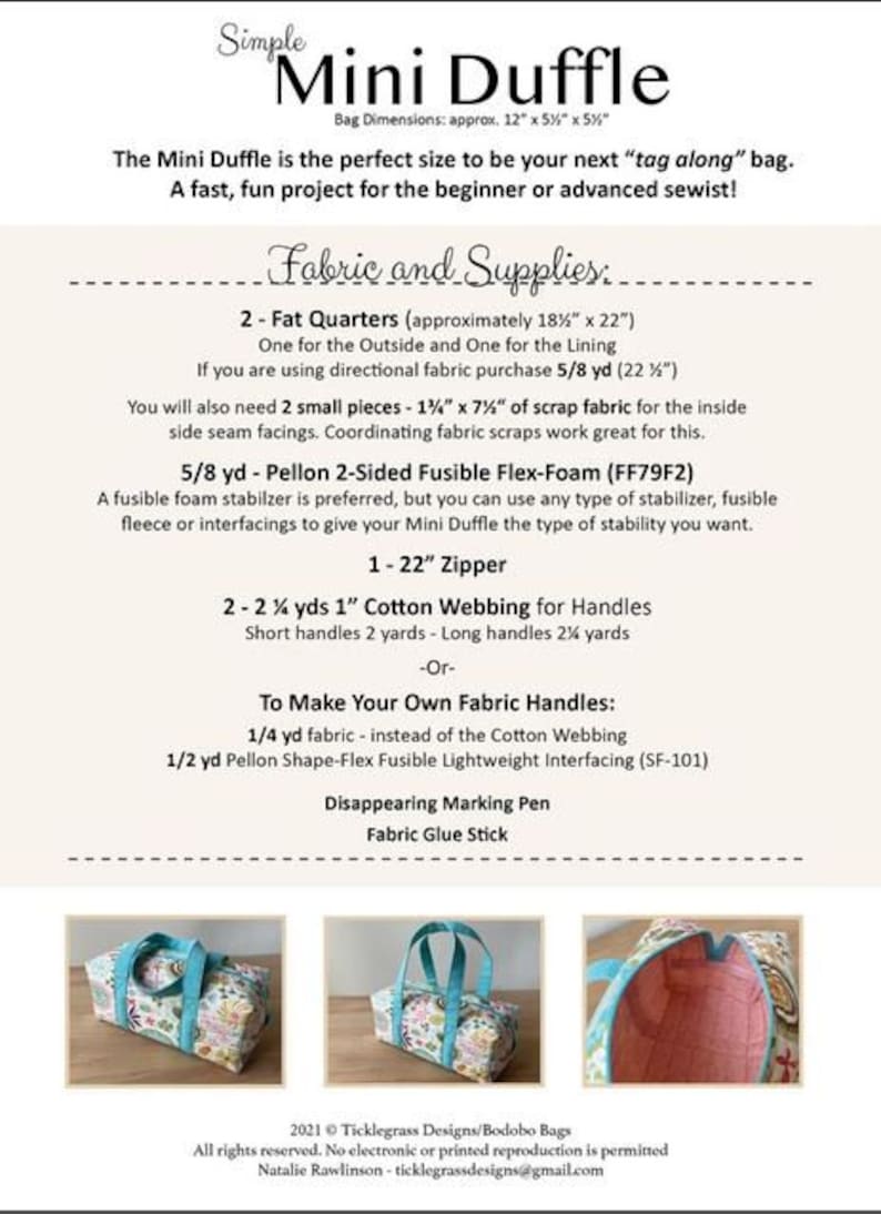 Simple Mini Duffle Pattern (pattern Only) From Bodobo Bags by ...