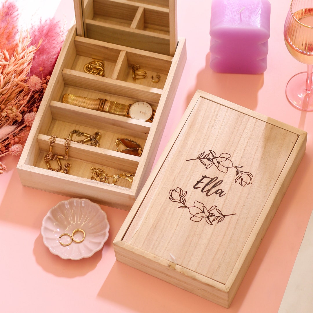 Personalised Floral Rose Jewellery Box With Mirror, Wooden Jewelry Box ...