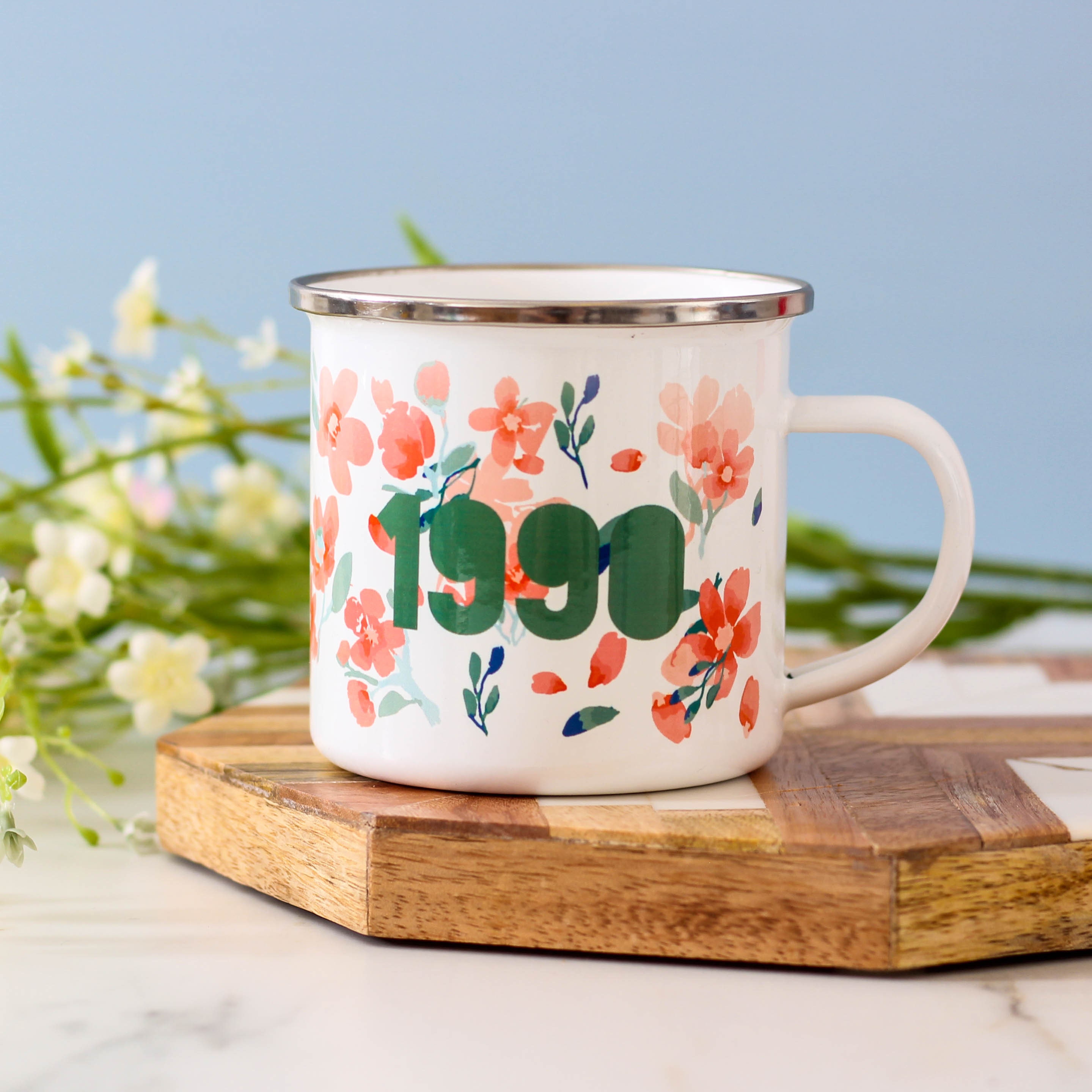 Personalised Floral Date Enamel Mug, Enamel Mug Personalised, Enamel ...