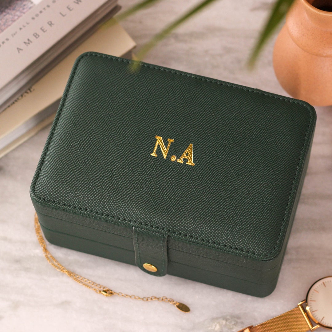 Personalised Two-tier Leather Jewellery Box, Travel Jewelry Box: Gold ...