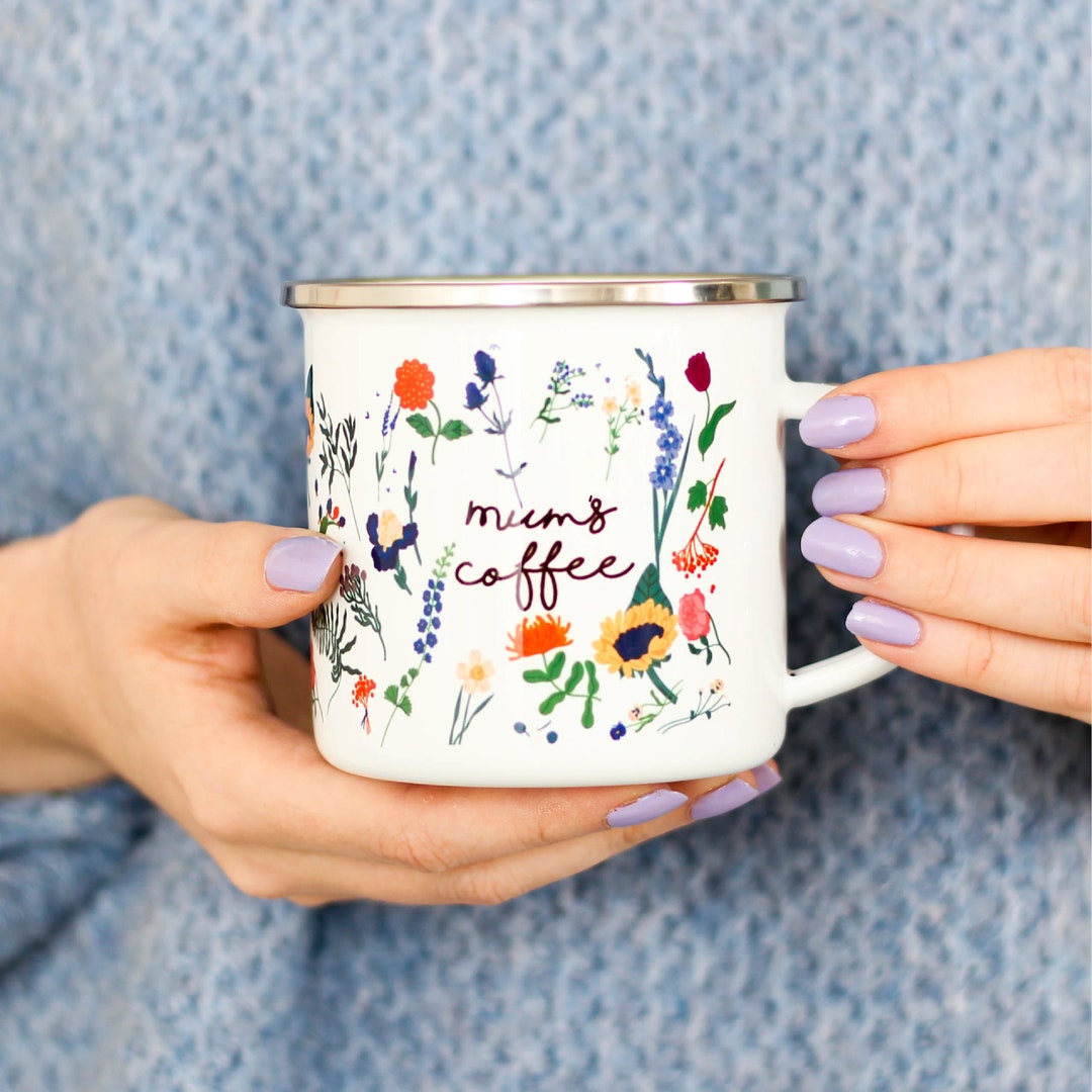 Personalised Botanical Floral Enamel Mug for Mum, Personalised Floral ...