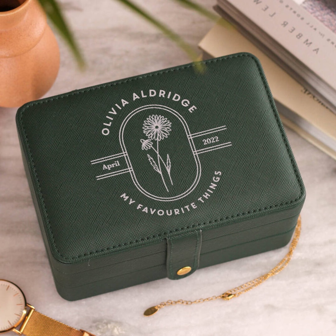 Personalised Birth Flower Jewellery Box, Jewellery Box, Leather ...