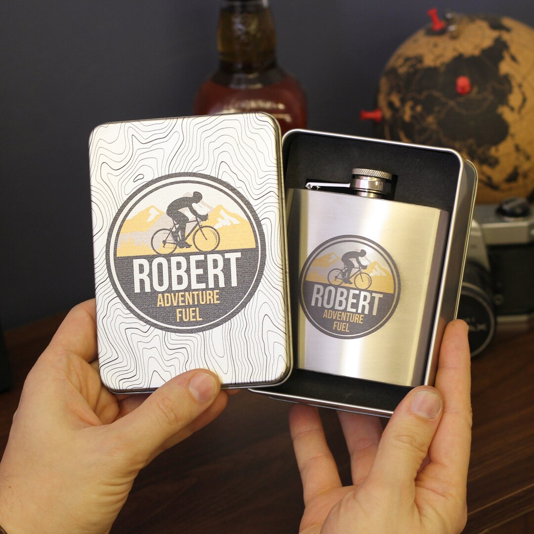 Personalised Road Bike Tin Hip Flask With Matching Tin Customised ...