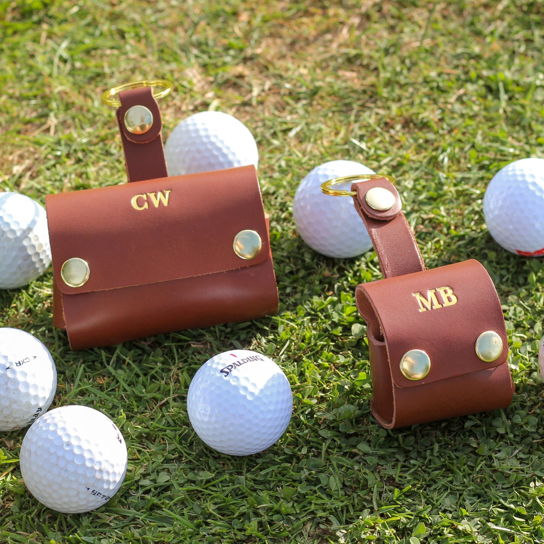Personalised Hand Made Leather Golf Ball Holder Double, Custom Golf Bag ...