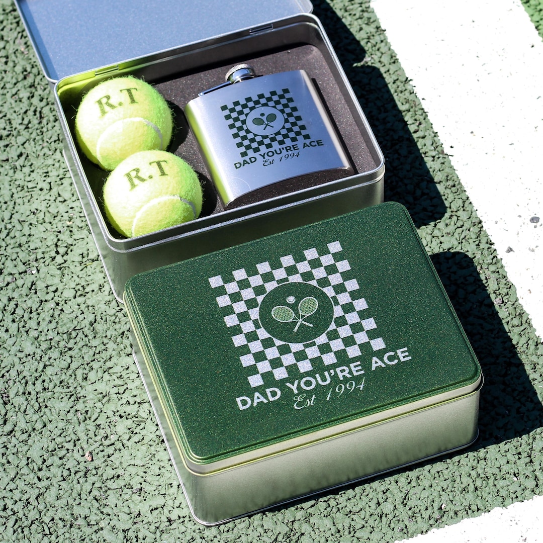 Personalised Checker Tennis Hip Flask and Balls Tin Gift for Dad ...