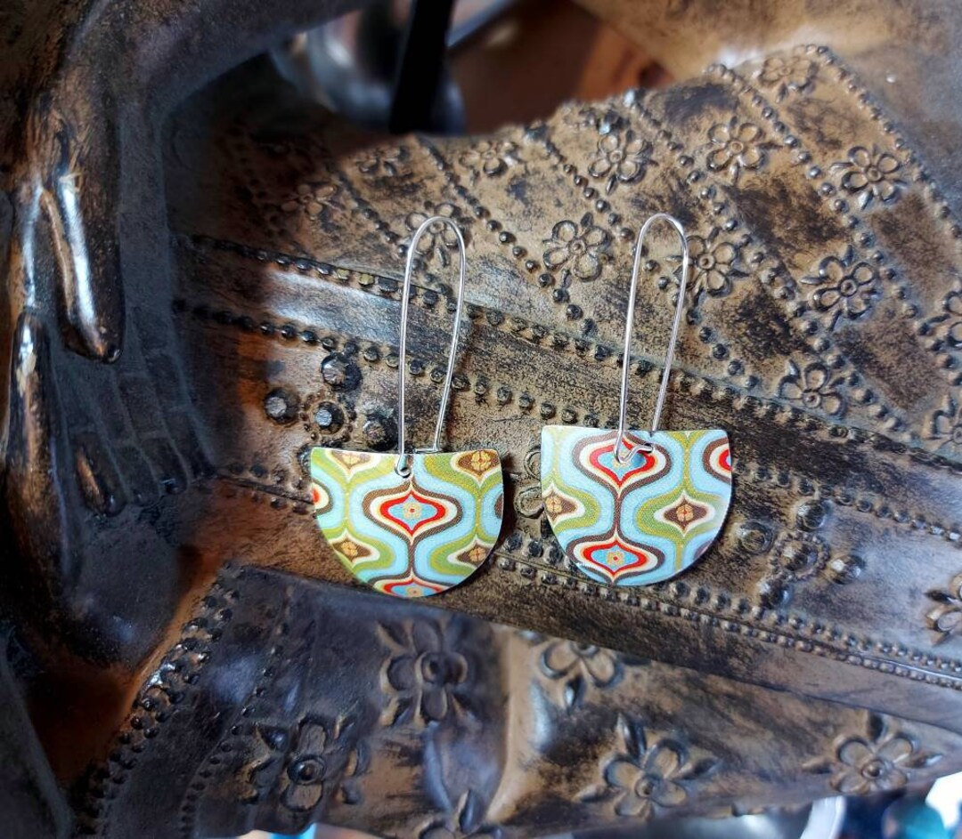 Retro Vintage 70s Tin Earrings Long Sterling Silver Wire. Boho ...