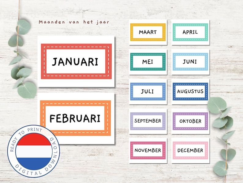 Flashcards Nederlandse maanden van het jaar: regenboogkleuren ...