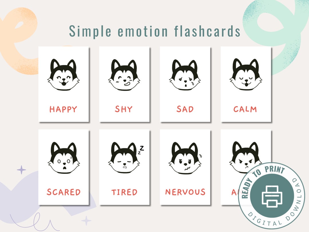 8 Educative Emotion Cards | Cute Husky Dog Expression | Montessori ...