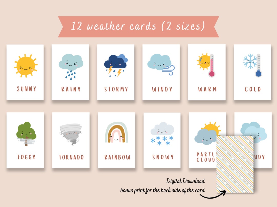 12 Educative Weather Cards Elegant Design Montessori Flashcards Pre ...