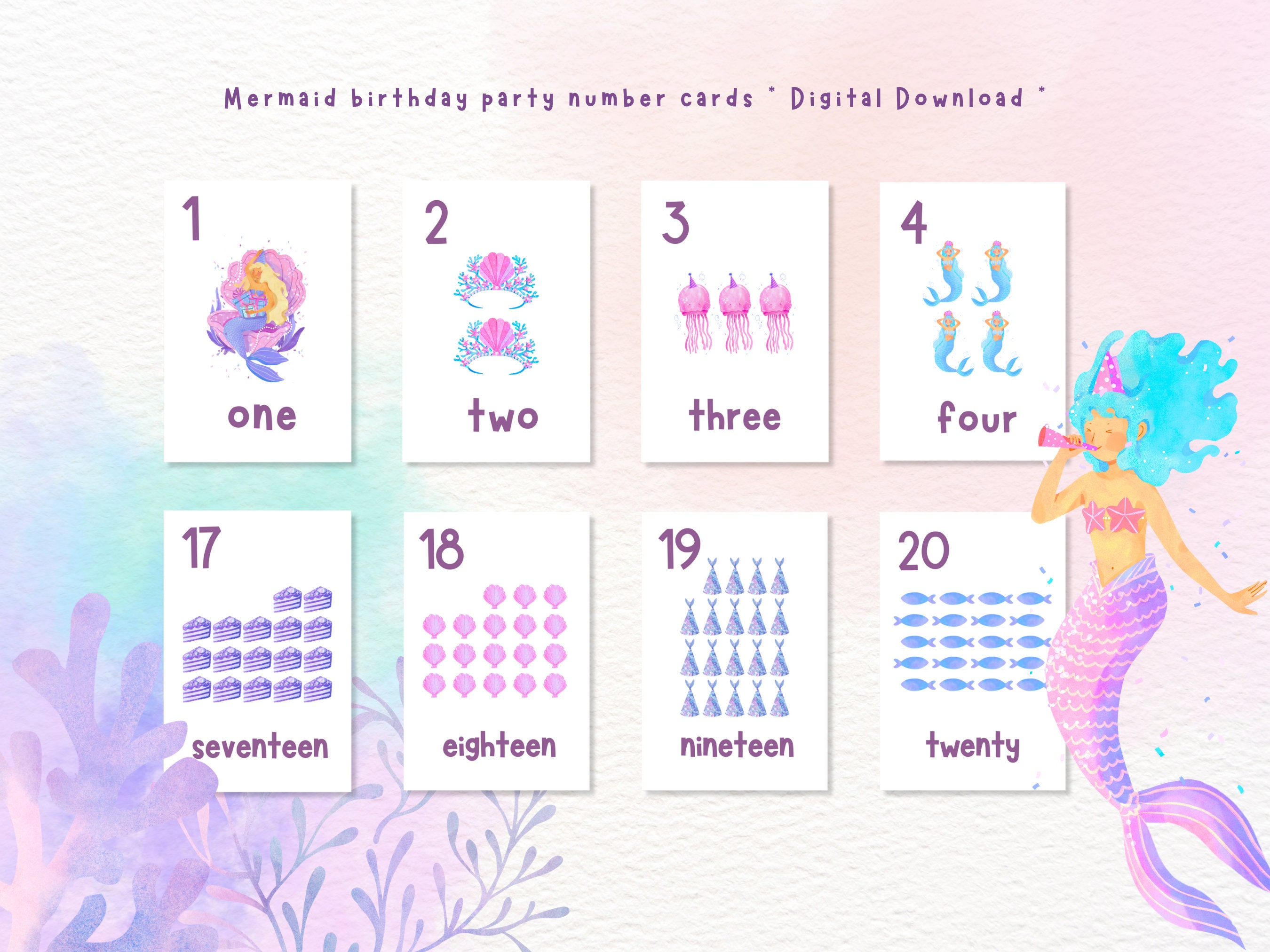 Mermaid Birthday Party Number Flashcard | Learn to Count | Montessori ...