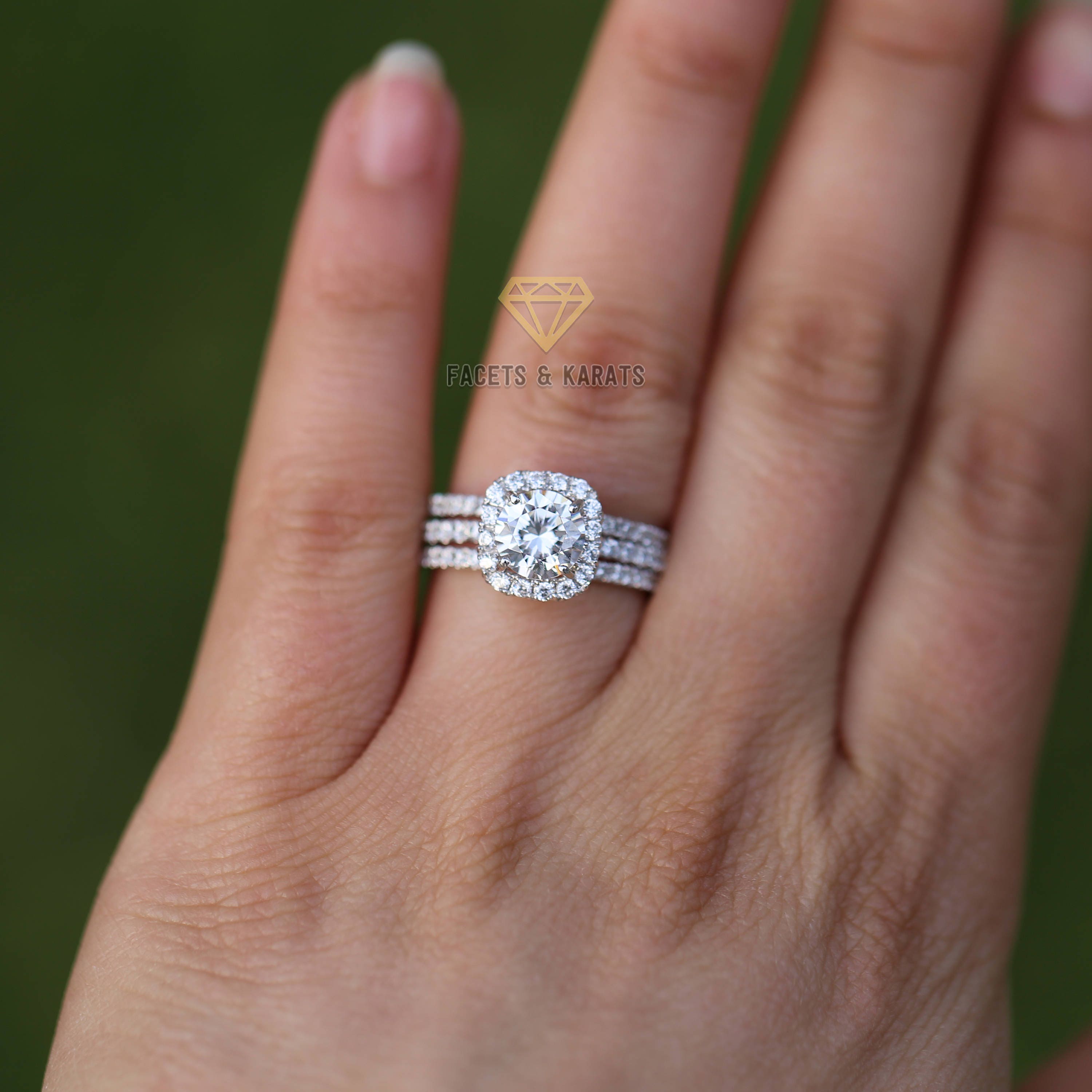 Halo Engagement Ring Set 18K Solid White Gold 3 Carat Bridal | Etsy