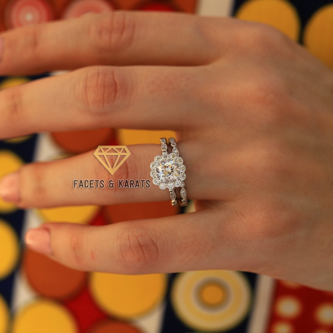 Cushion Cut Wedding Ring Set, 14K Bridal Ring Set, Engagement Ring Set ...