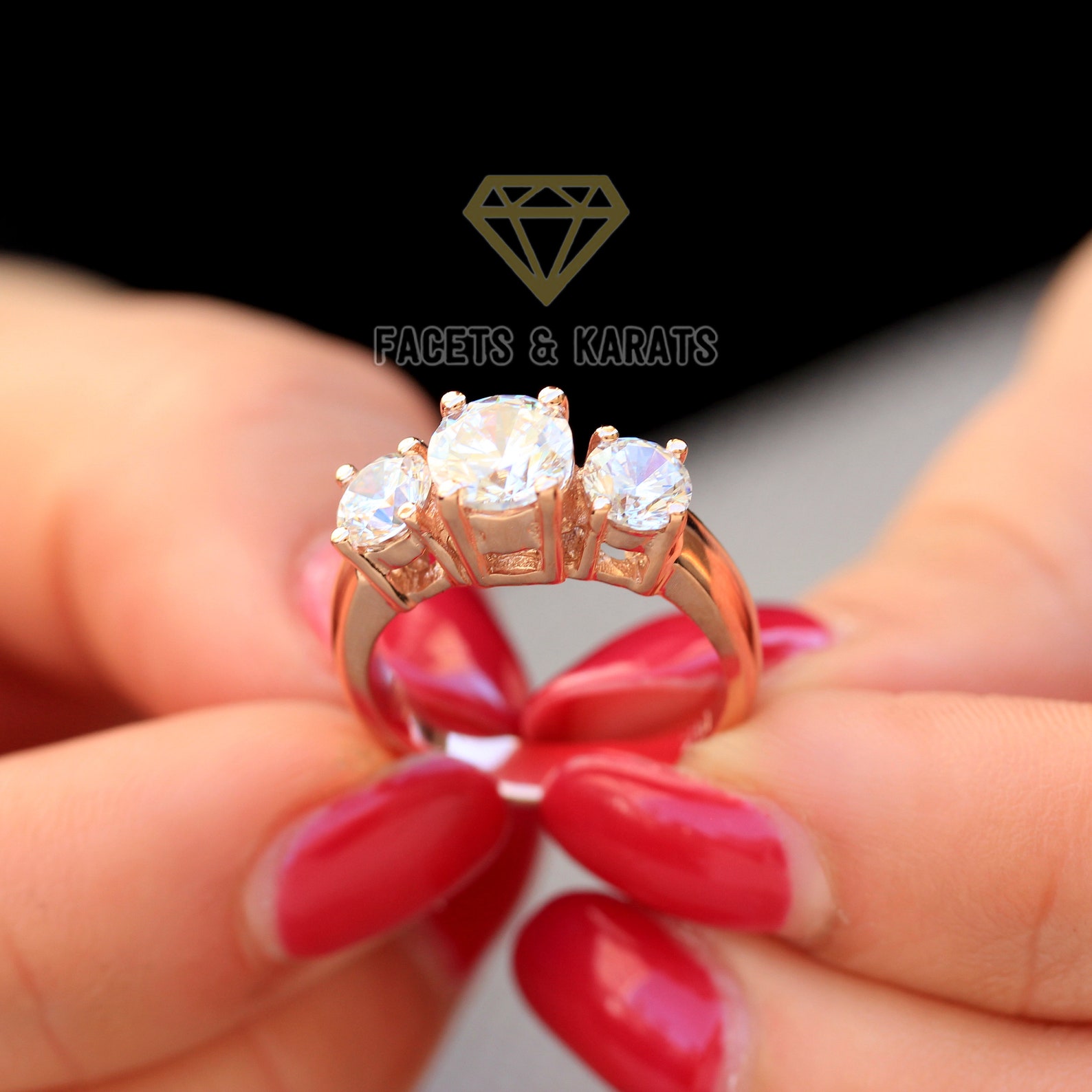 Rose Gold Three Stone Engagement Ring, Anniversary Ring, Past Present ...